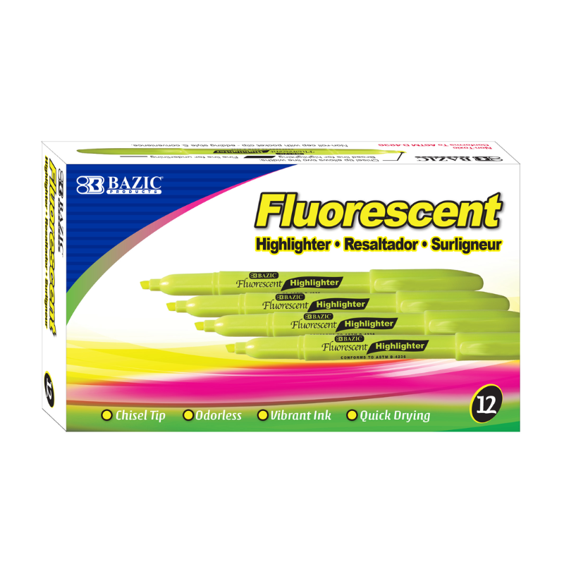 BAZIC Fluorescent Yellow Highlighter w/ Pocket Clip (12/Box) - The Up ...