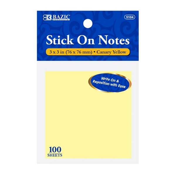 BAZIC 100 Sheets 3" X 3" Yellow Stick On Notes - The Up Shop – Very ...