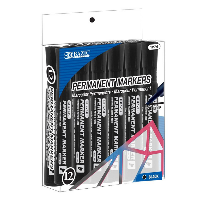BAZIC Black Color Chisel Tip Desk Style Permanent Markers (12/Pack ...