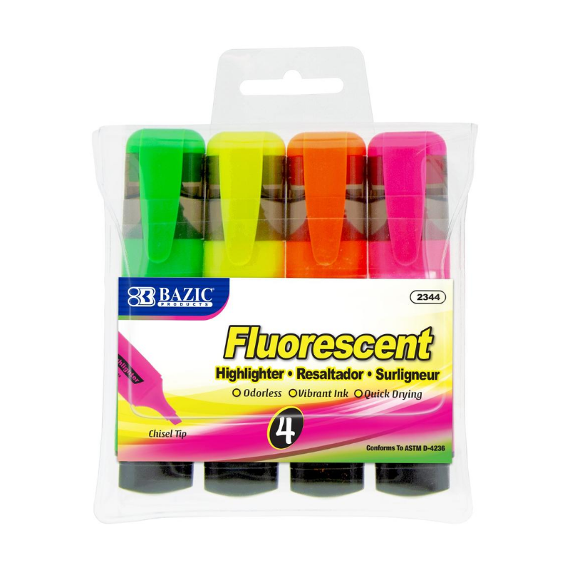 BAZIC Fluorescent Highlighters w/ Pocket Clip (4/Pack) - The Up Shop ...